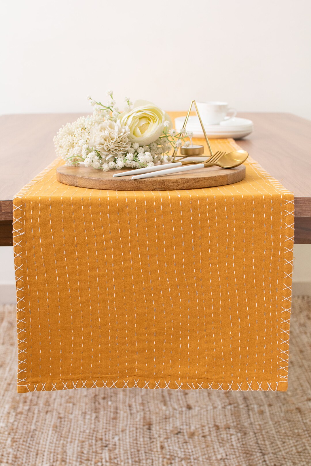 Mustard Yellow Cotton Kitchen Table Runner With Kantha Pattern for ...