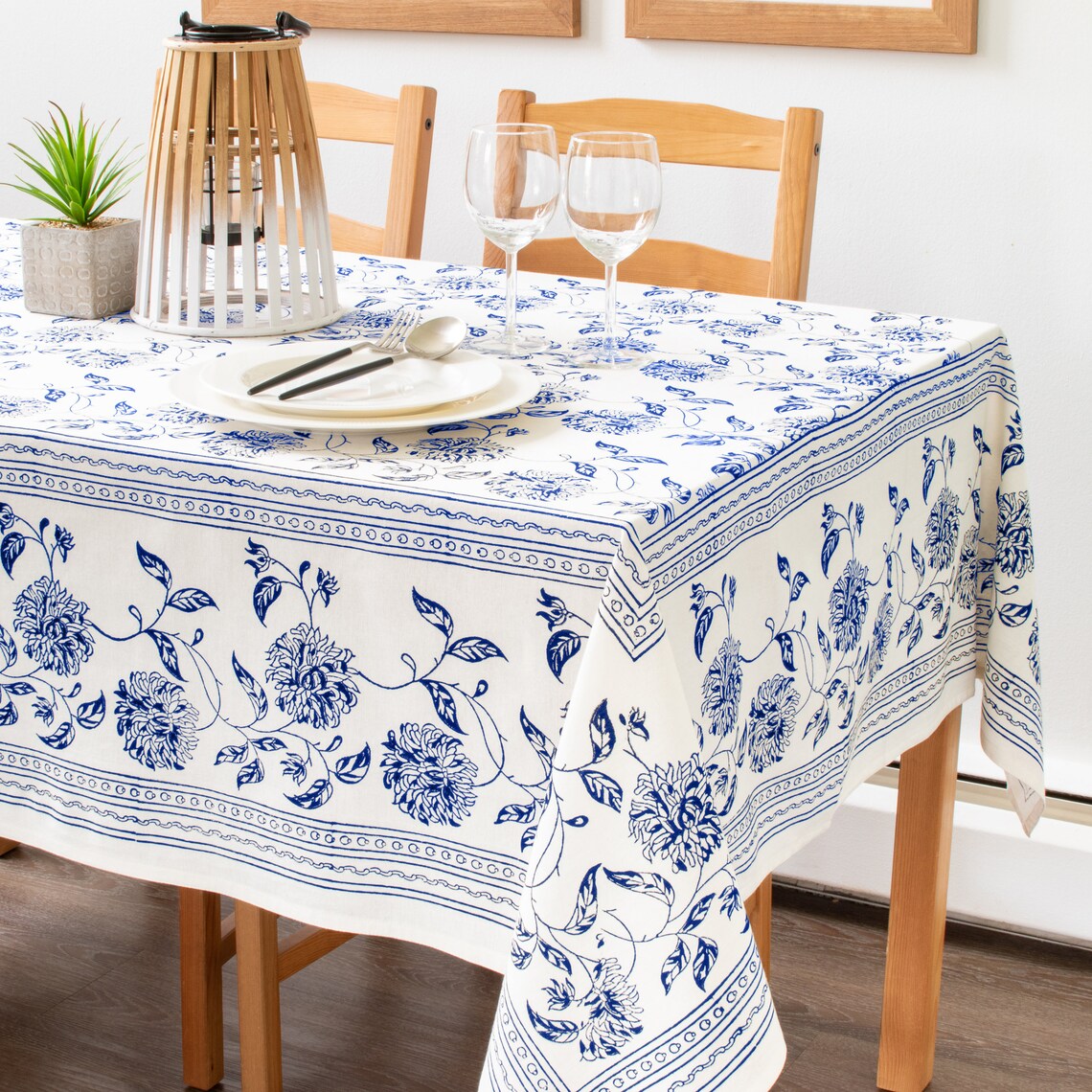 Blue White Table Cloth 100% Cotton Floral Hand Block Print - Etsy