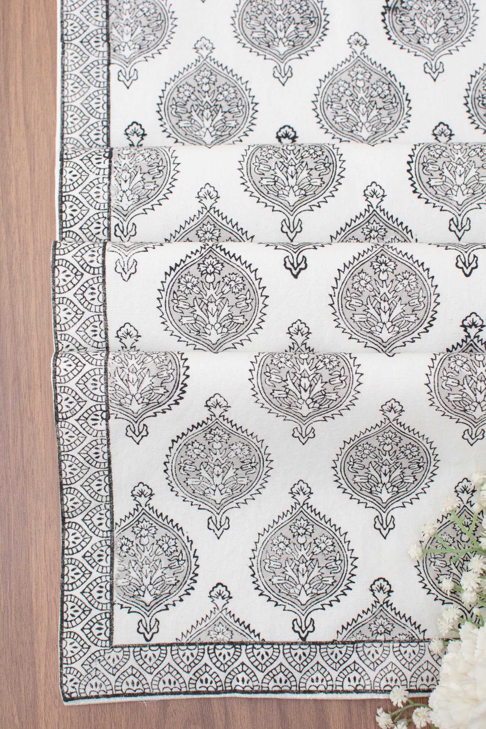 Light Grey Block Print Table Runner in Damask Pattern - Etsy