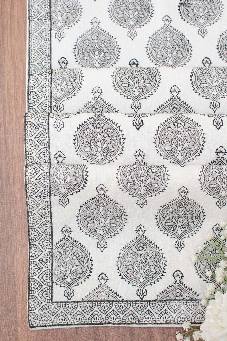 Light Grey Block Print Table Runner in Damask Pattern - Etsy
