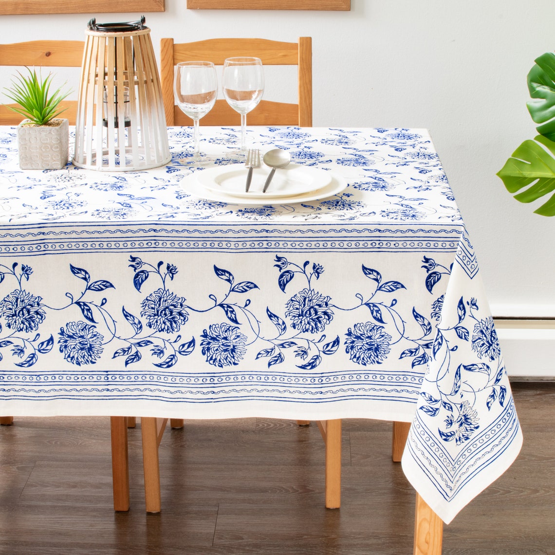 Blue White Table Cloth 100% Cotton Floral Hand Block Print - Etsy