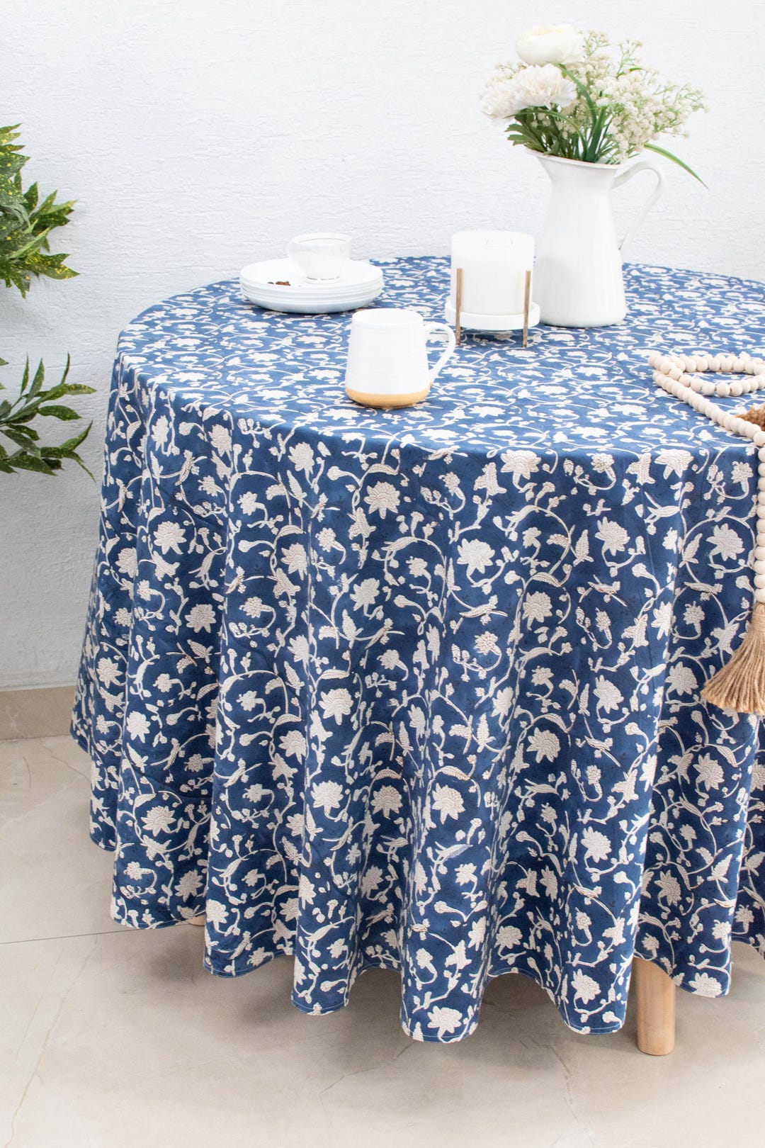 Midnight Blue Flower 100% Cotton Round Table Cloth for Dining Table ...