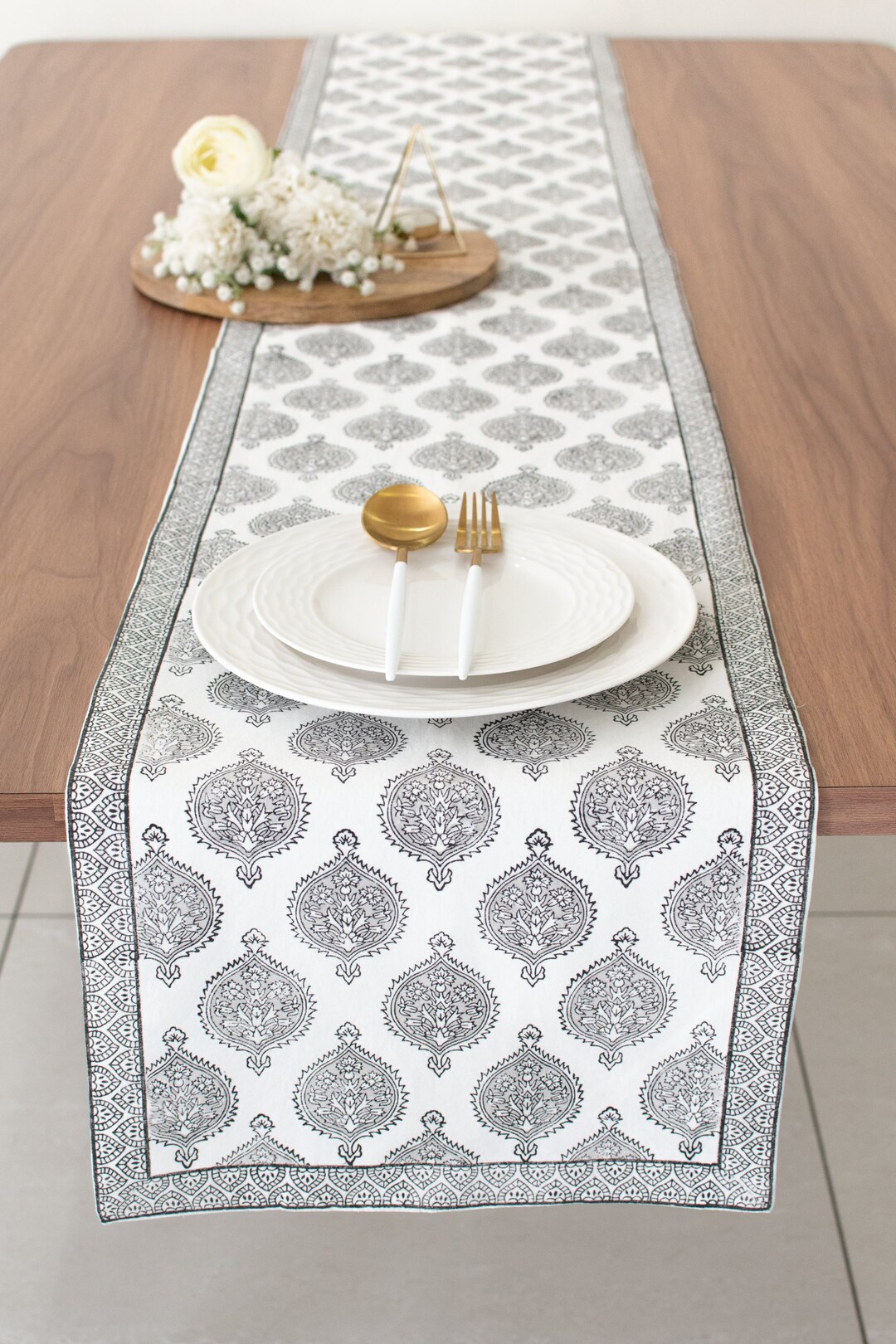 Light Grey Block Print Table Runner in Damask Pattern - Etsy