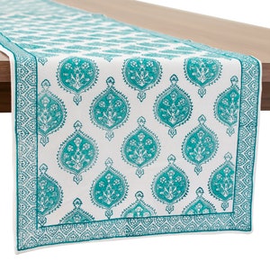 Teal Block Print Table Runner in Damask Pattern - Etsy