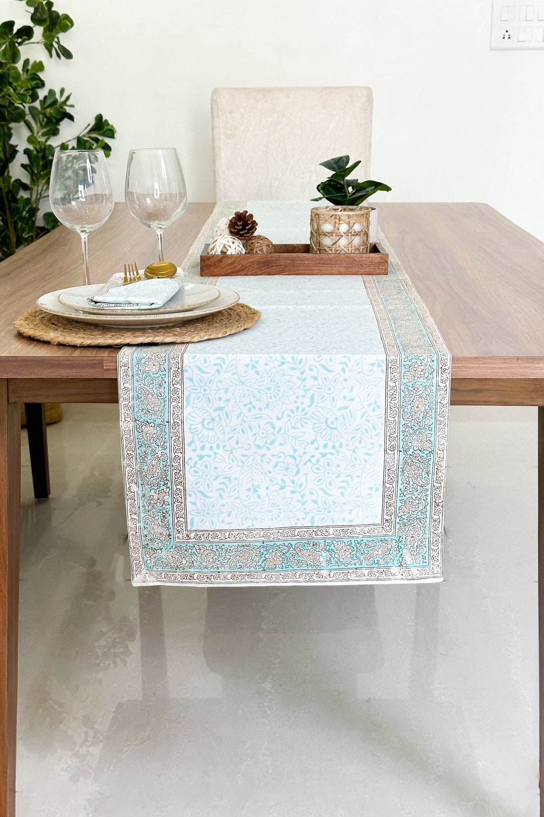 Turquoise Table Runner for Wedding, Baby Shower, Block Print Table ...