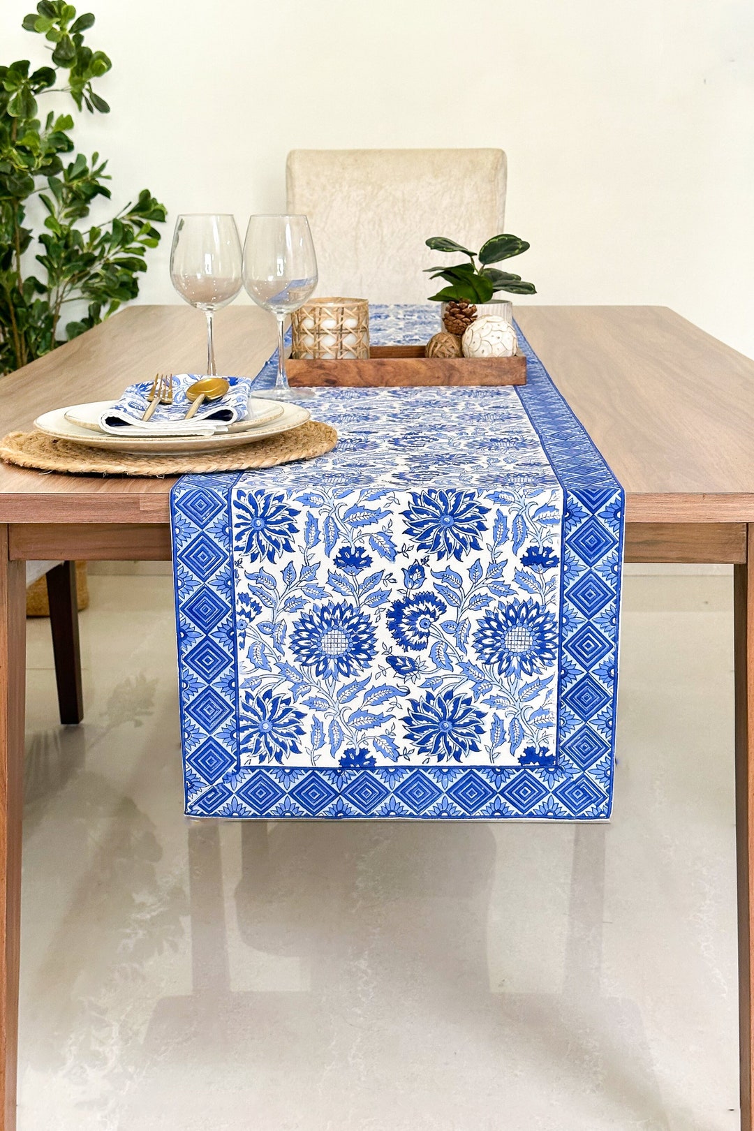 Dark Blue Table Runner for Wedding, Baby Shower, Block Print Table ...