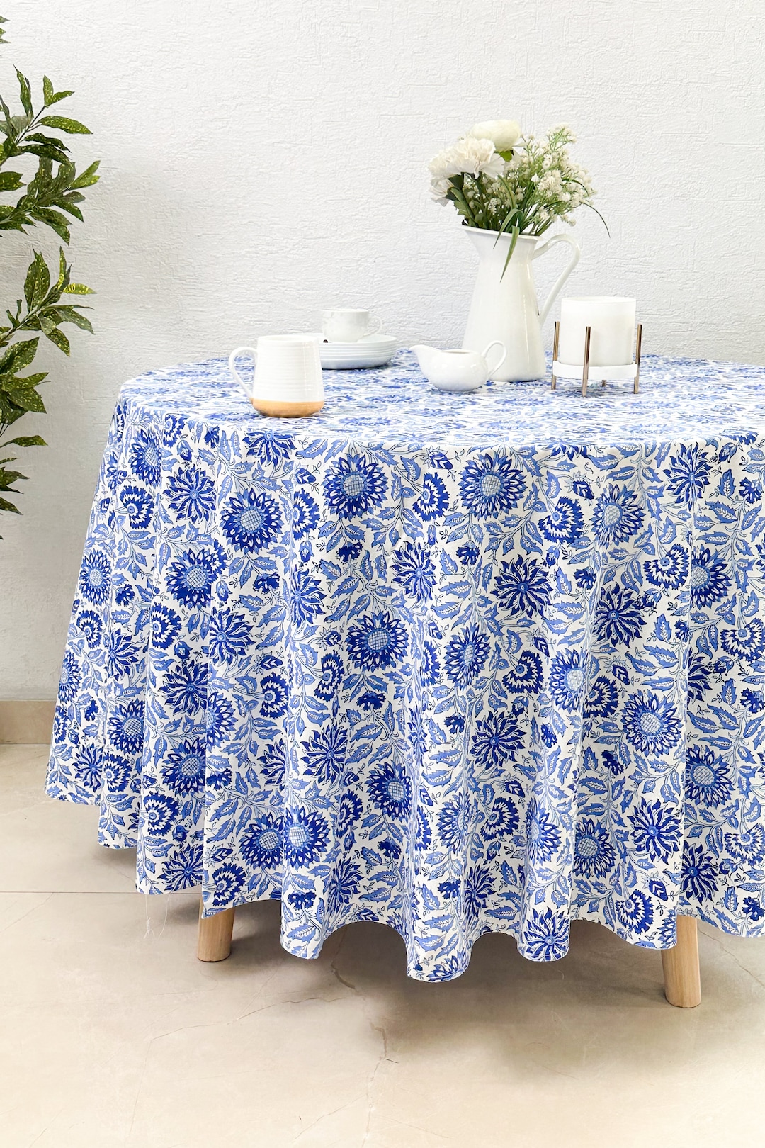Blue 100% Cotton Round Table Cloth for Dining Table Kitchen Wedding ...