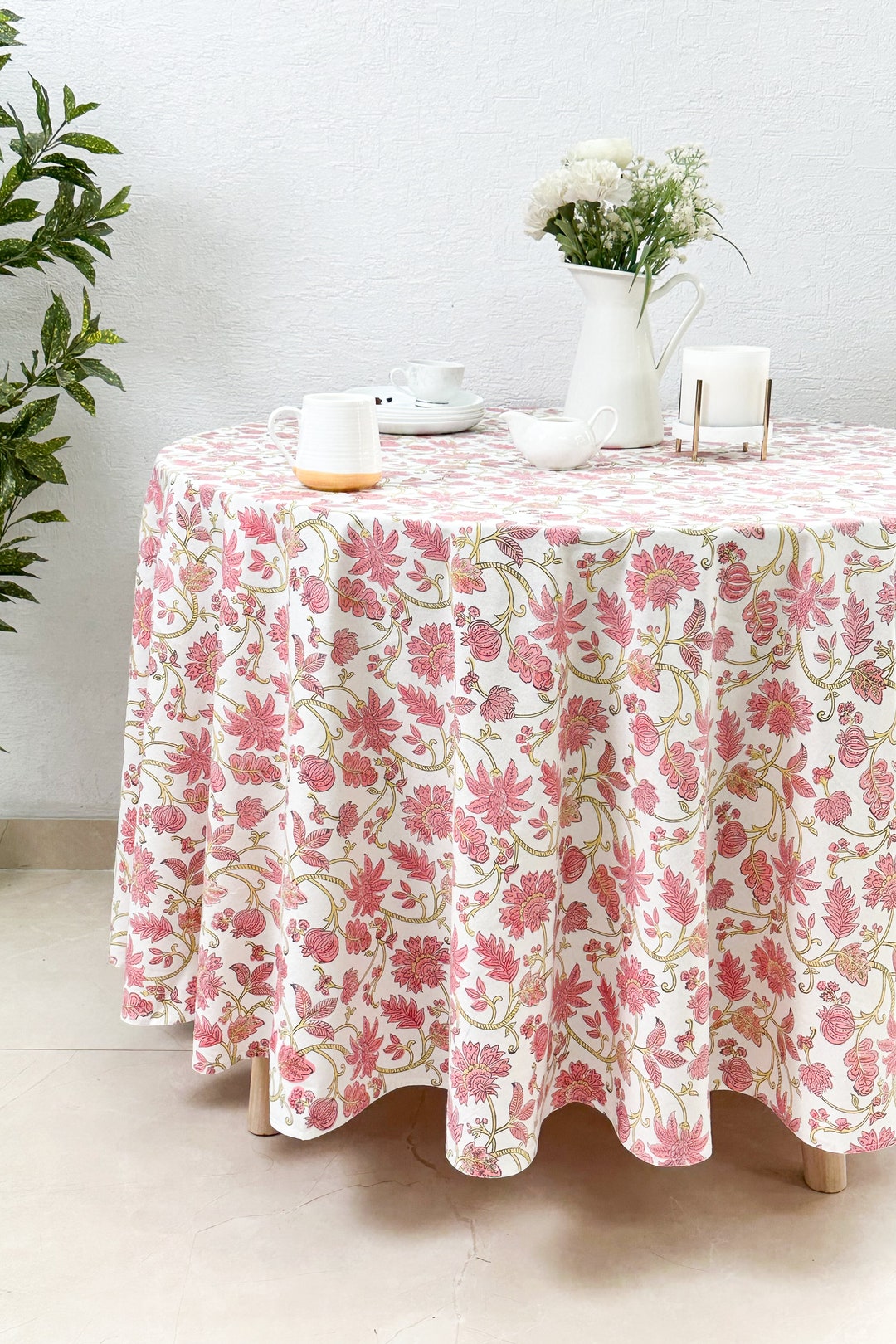 Pink Floral 100% Cotton Round Table Cloth for Dining Table Kitchen ...