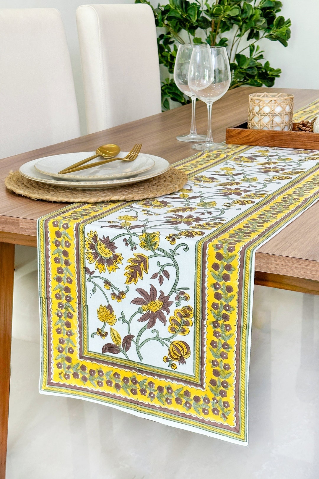 Yellow Table Runner for Wedding, Baby Shower, Block Print Table Runner ...