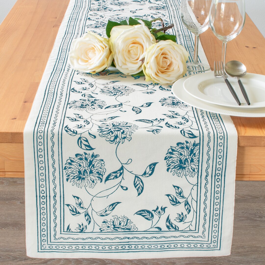 Teal Table Runners, 100% Cotton, Floral Hand Block Print for Home ...