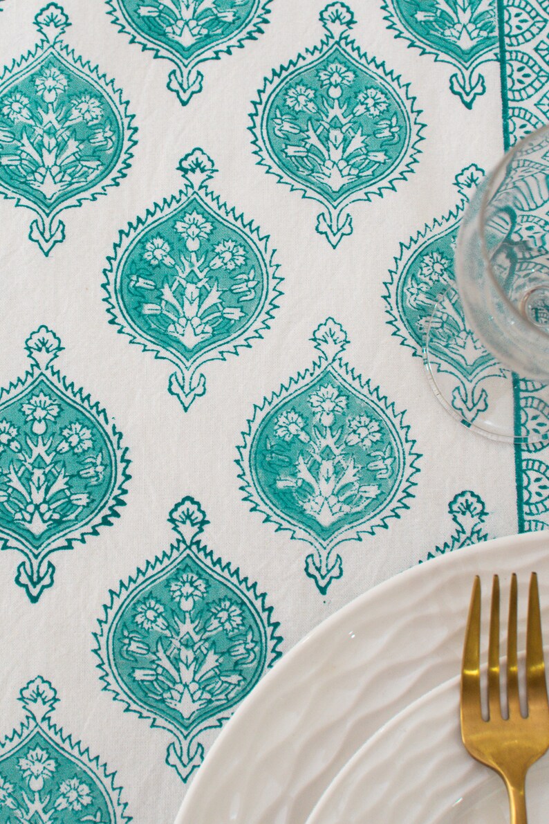 Teal Block Print Table Runner in Damask Pattern - Etsy