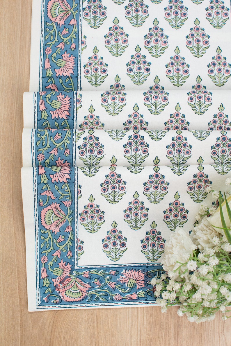 Blue Peach Floral Block Print Table Runner for Thanksgiving, Christmas ...