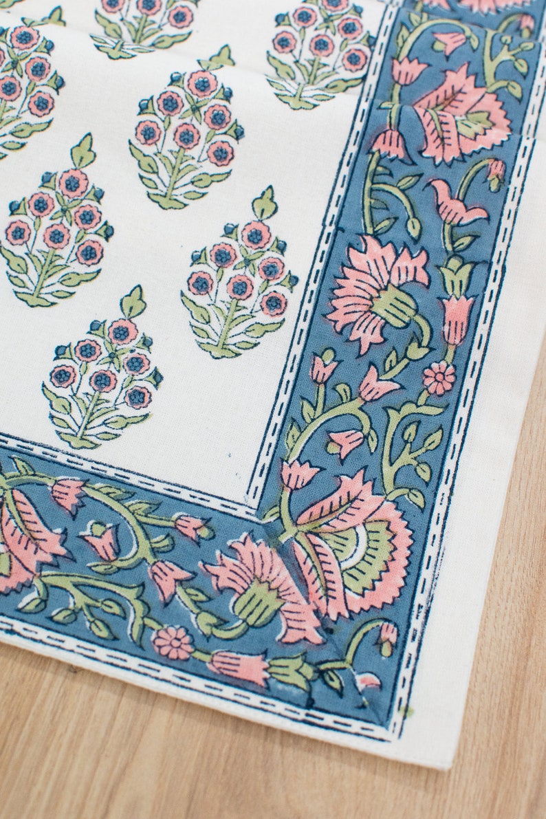 Blue Peach Floral Block Print Table Runner for Thanksgiving, Christmas ...