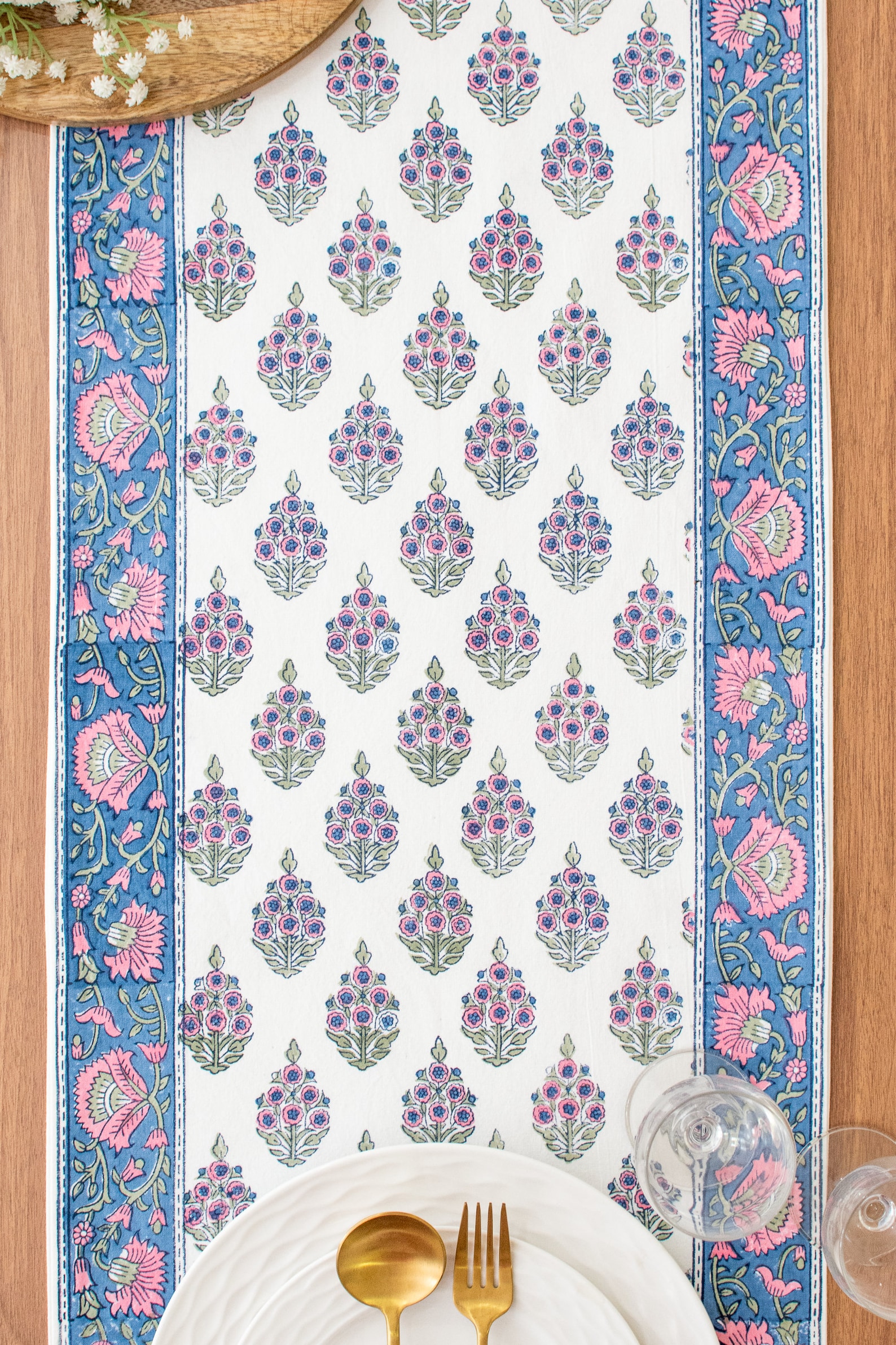 Midnight Blue Floral Block Print Table Runner for Thanksgiving ...