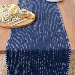 Dark Blue Cotton Long Table Runner With Kantha Pattern for Thanksgiving ...