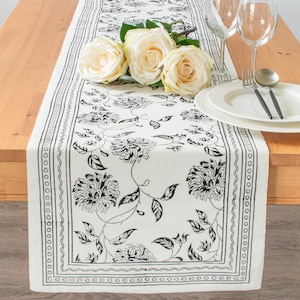 Black & off White Table Runners, 100% Cotton, Floral Hand Block Print ...