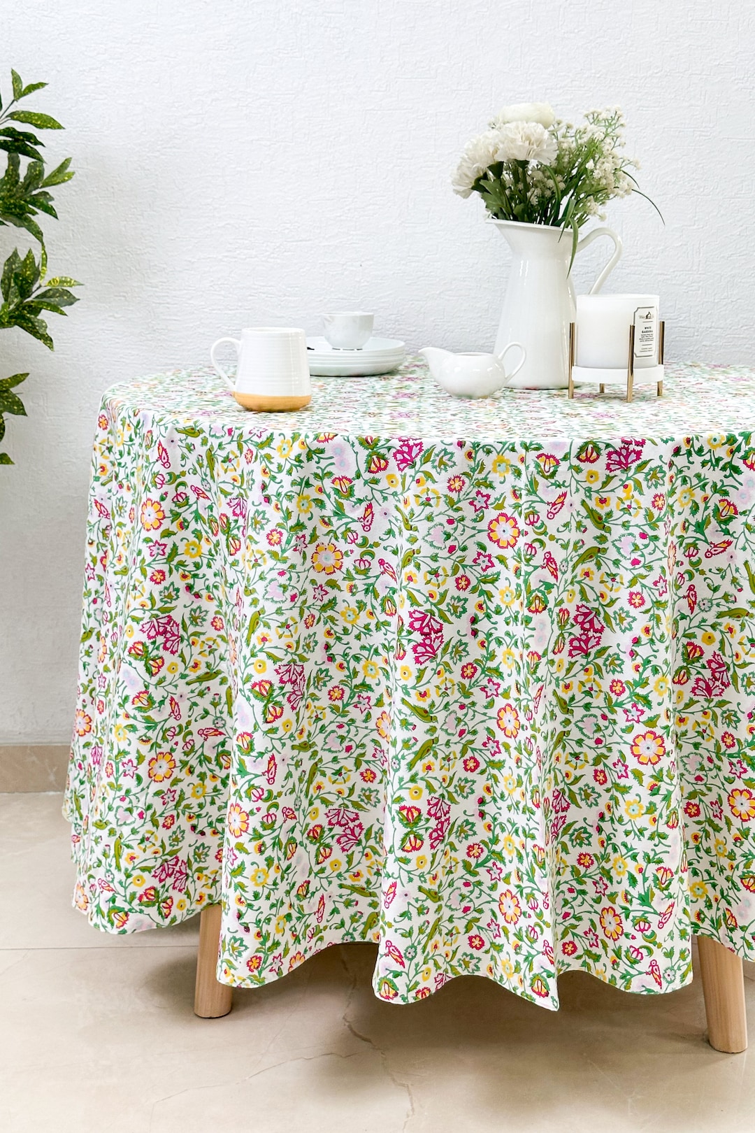Green Floral 100% Cotton Round Table Cloth for Dining Table Kitchen ...