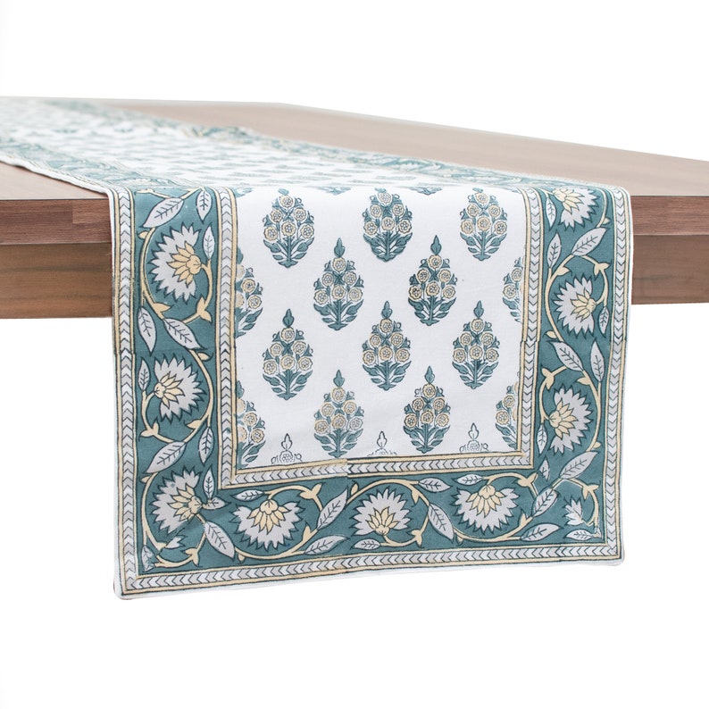 Teal Yellow Block Print Table Runner in Floral Pattern - Etsy