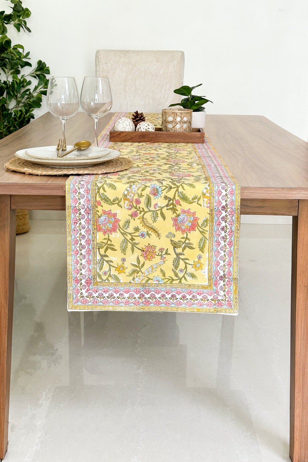 Yellow Table Runner for Wedding, Baby Shower, Block Print Table Runner ...