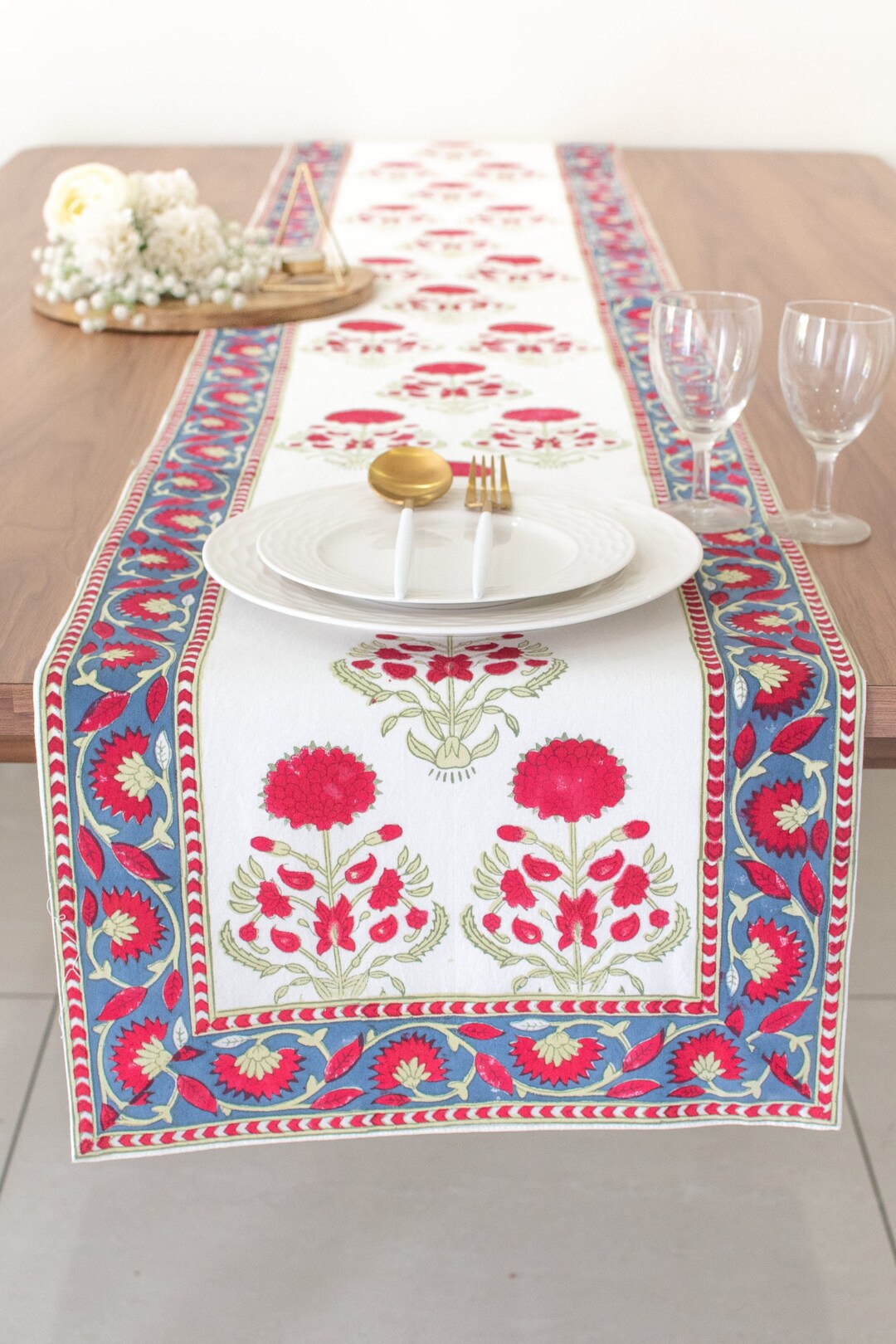 Red Blue Floral Block Print Table Runner for Thanksgiving, Christmas ...