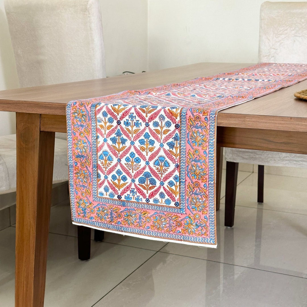 Blue Pink Trellis Table Runner for Wedding, Baby Shower, Block Print ...