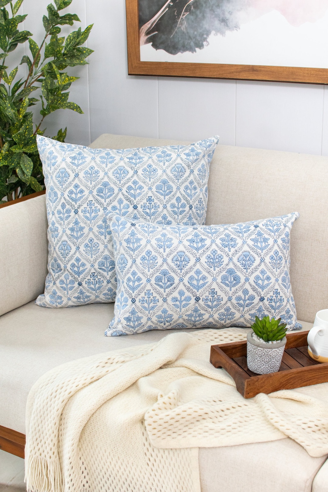 Light Blue Trellis Indian Block Print Pillow Cover for Bedroom, Living ...