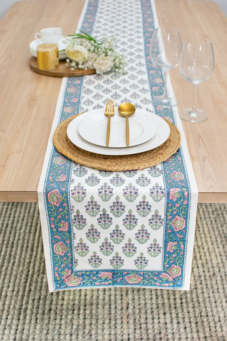 Blue Peach Floral Block Print Table Runner for Thanksgiving, Christmas ...