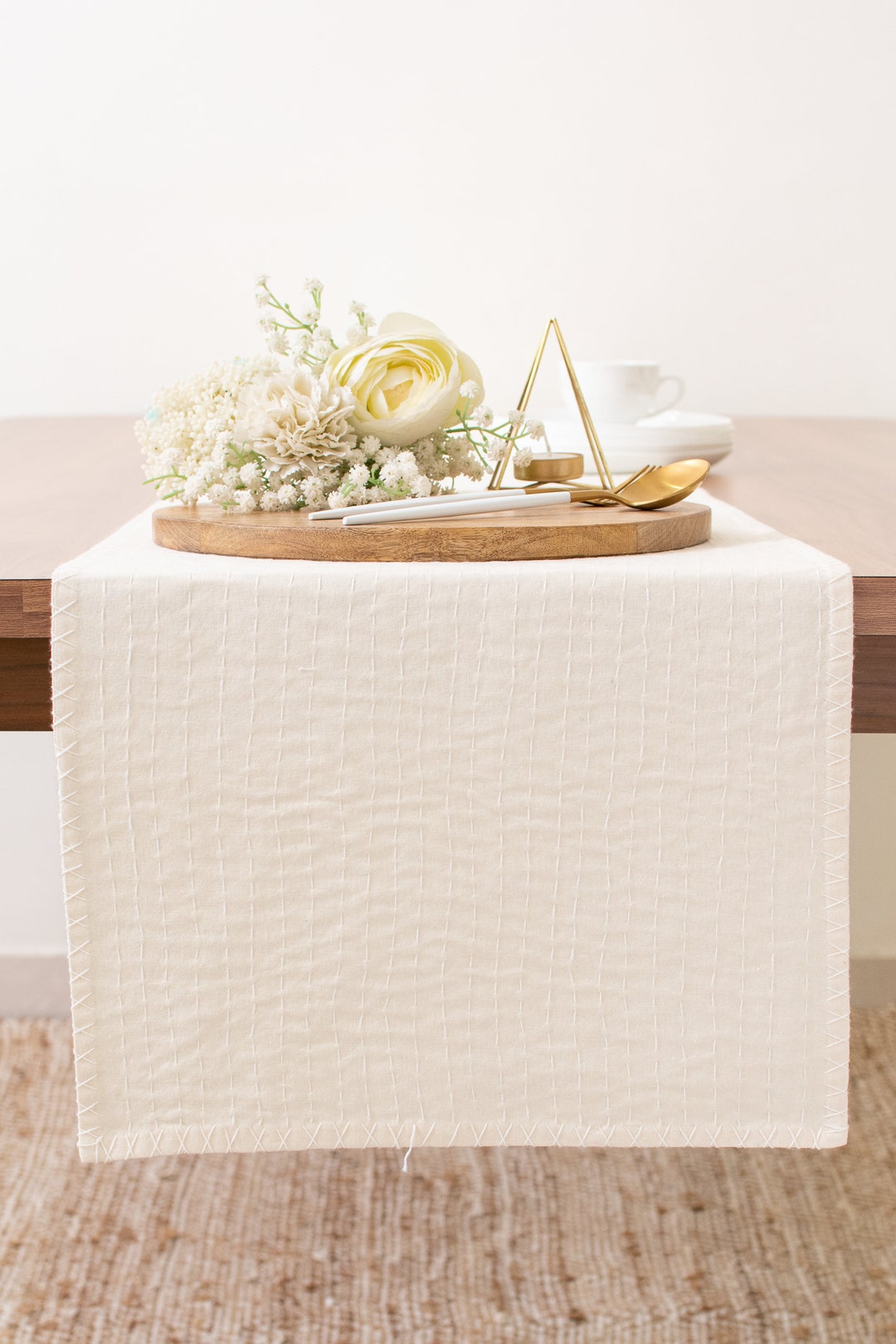 Cream Pure Cotton Table Runner With Kantha for Thanksgiving, Home ...