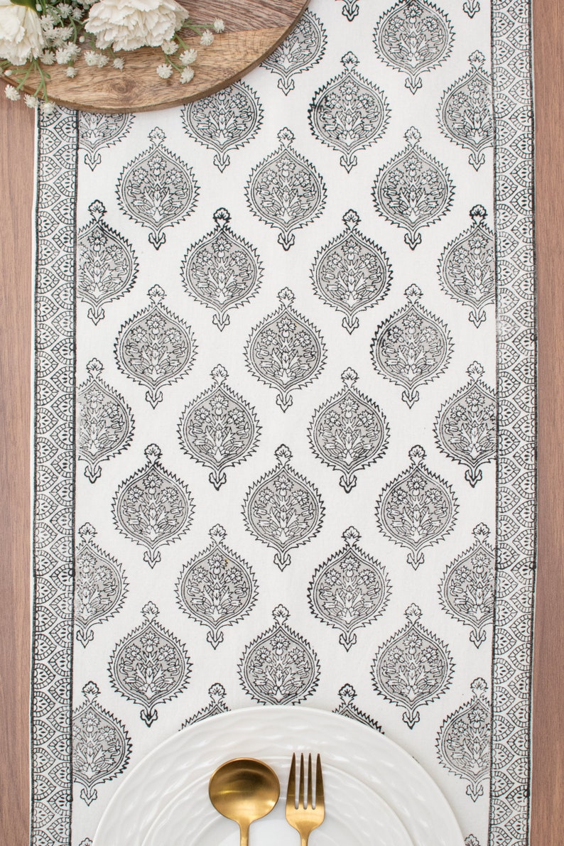 Light Grey Block Print Table Runner in Damask Pattern - Etsy