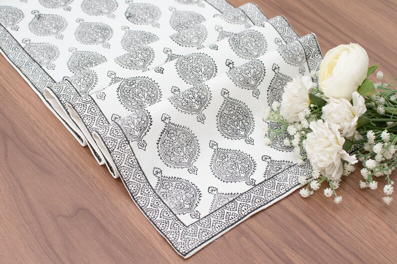 Light Grey Block Print Table Runner in Damask Pattern - Etsy
