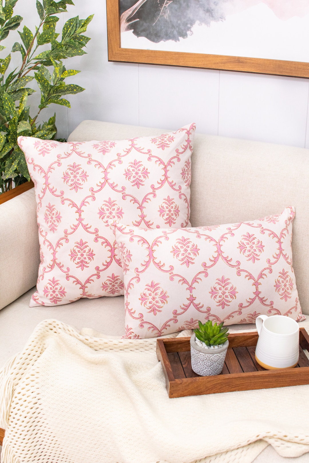 Pink Trellis Indian Block Print Pillow Cover for Bedroom, Living Room ...