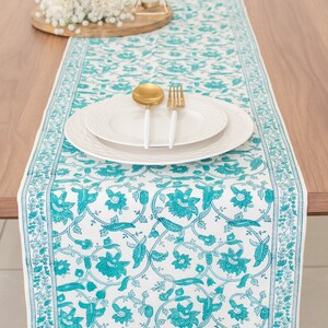 Teal Block Print Table Runner in Floral Pattern - Etsy