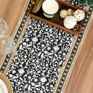 Black Floral Table Runner for Wedding, Baby Shower, Block Print Table ...