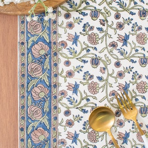 Midnight Blue Dining Table Runners, 100% Cotton, Floral Hand Block ...