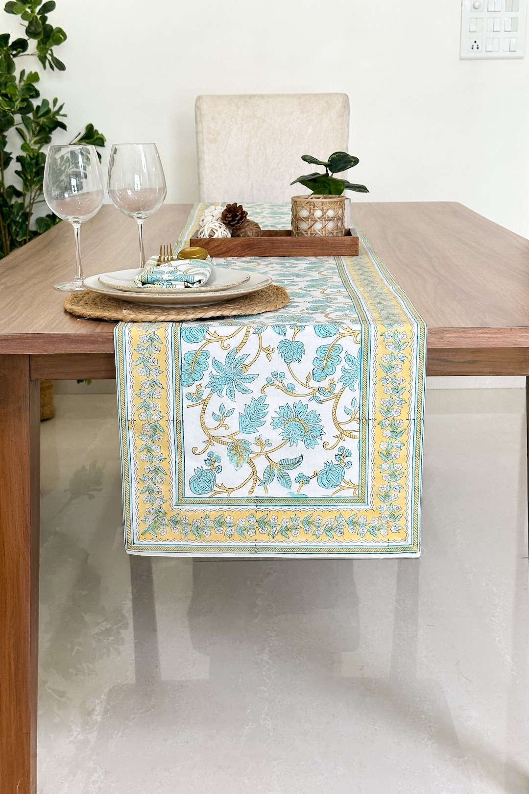 Light Blue Table Runner for Wedding, Baby Shower, Block Print Table ...