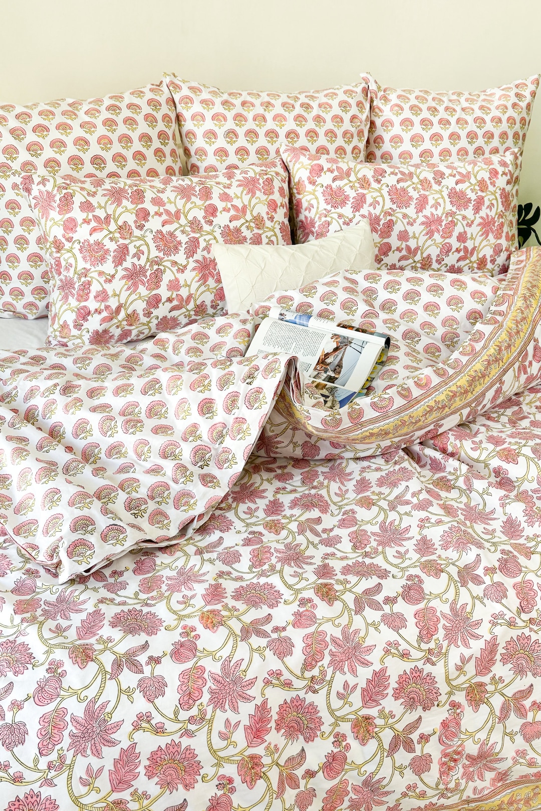 Pink Flower Duvet Cover, Indian Hand Block Print Duvet Cover With ...