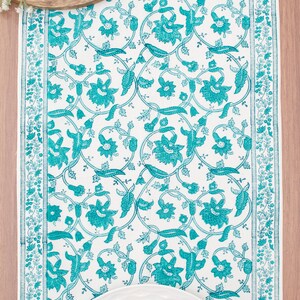 Teal Block Print Table Runner in Floral Pattern - Etsy