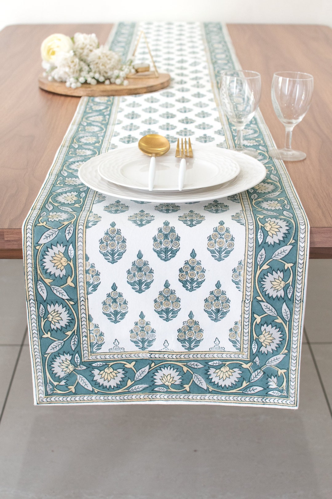 Teal Yellow Block Print Table Runner in Floral Pattern - Etsy