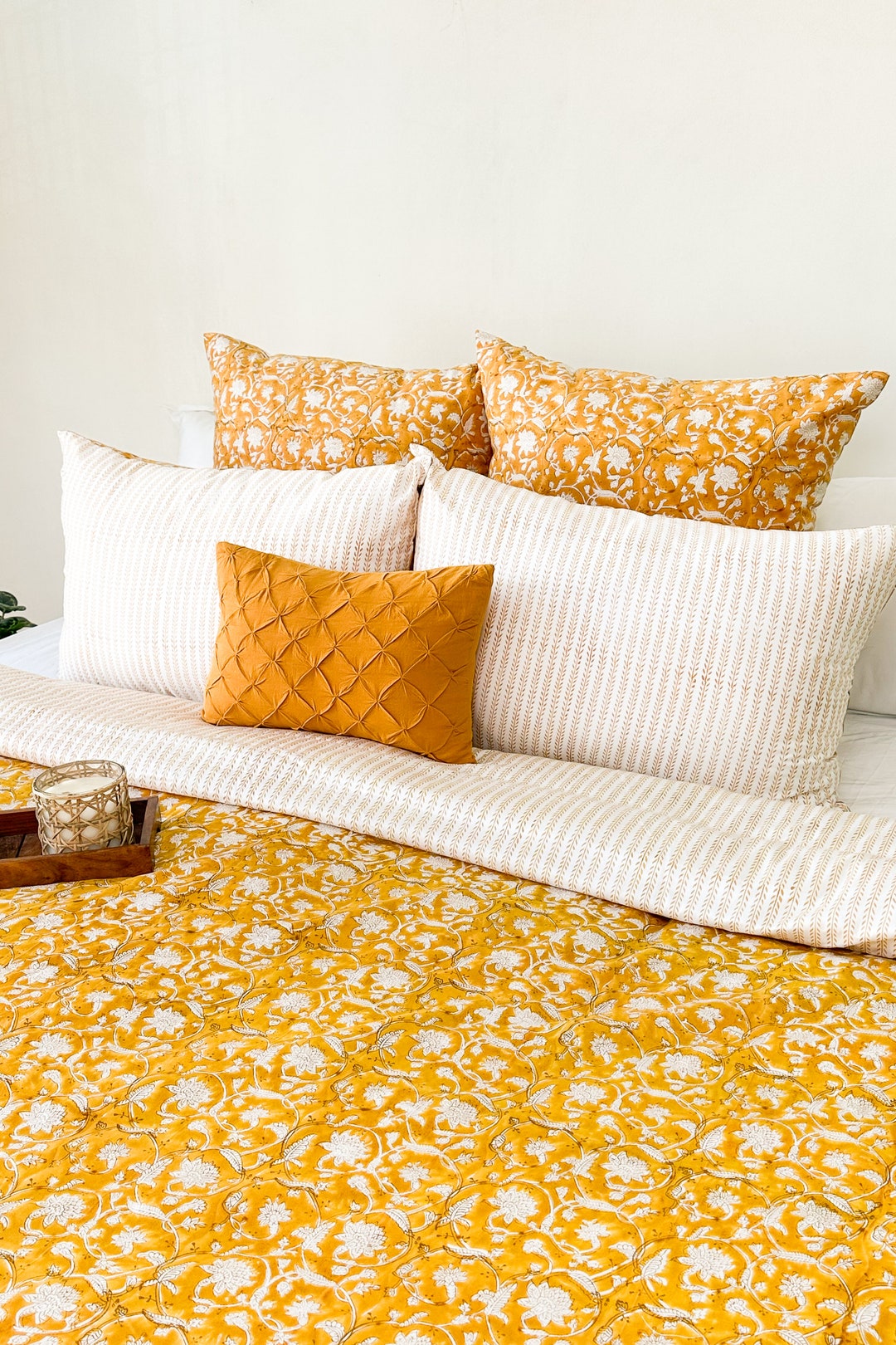 Mustard Floral Duvet Cover, Indian Hand Block Print Duvet Cover With ...