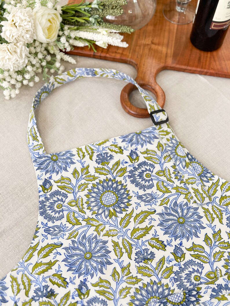 Blue Green Flower Apron for Her, Block Printed Apron, Mother's Day Gift ...