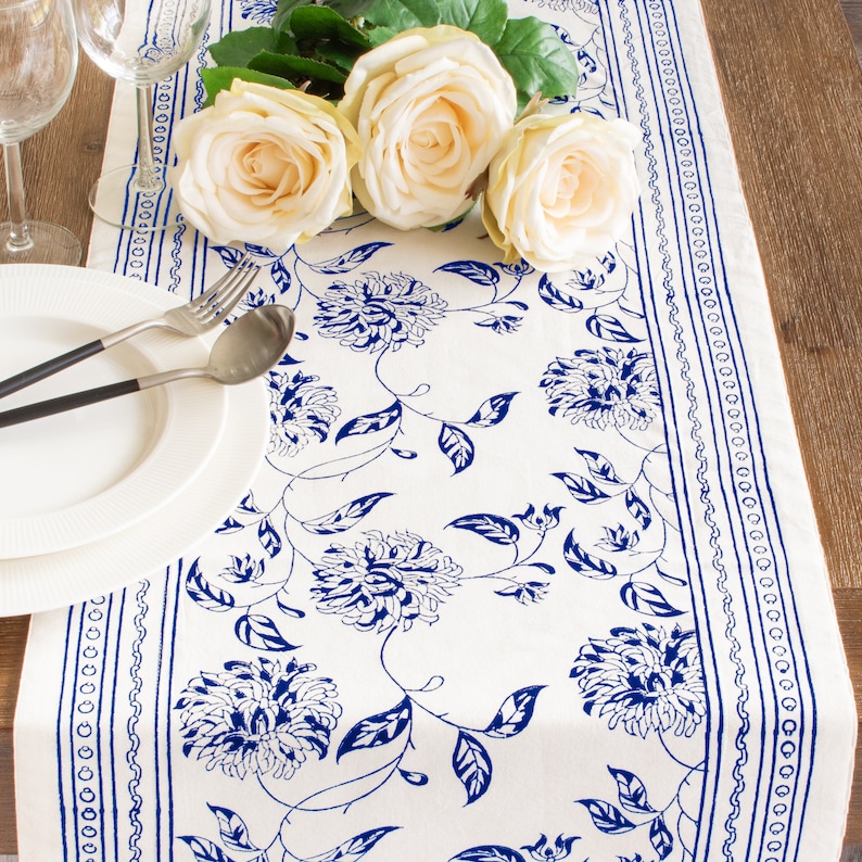 Blue Table Runners 100% Cotton Floral Hand Block Print for - Etsy