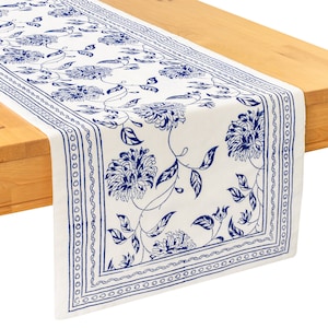Blue Table Runners, 100% Cotton, Floral Hand Block Print for Home ...
