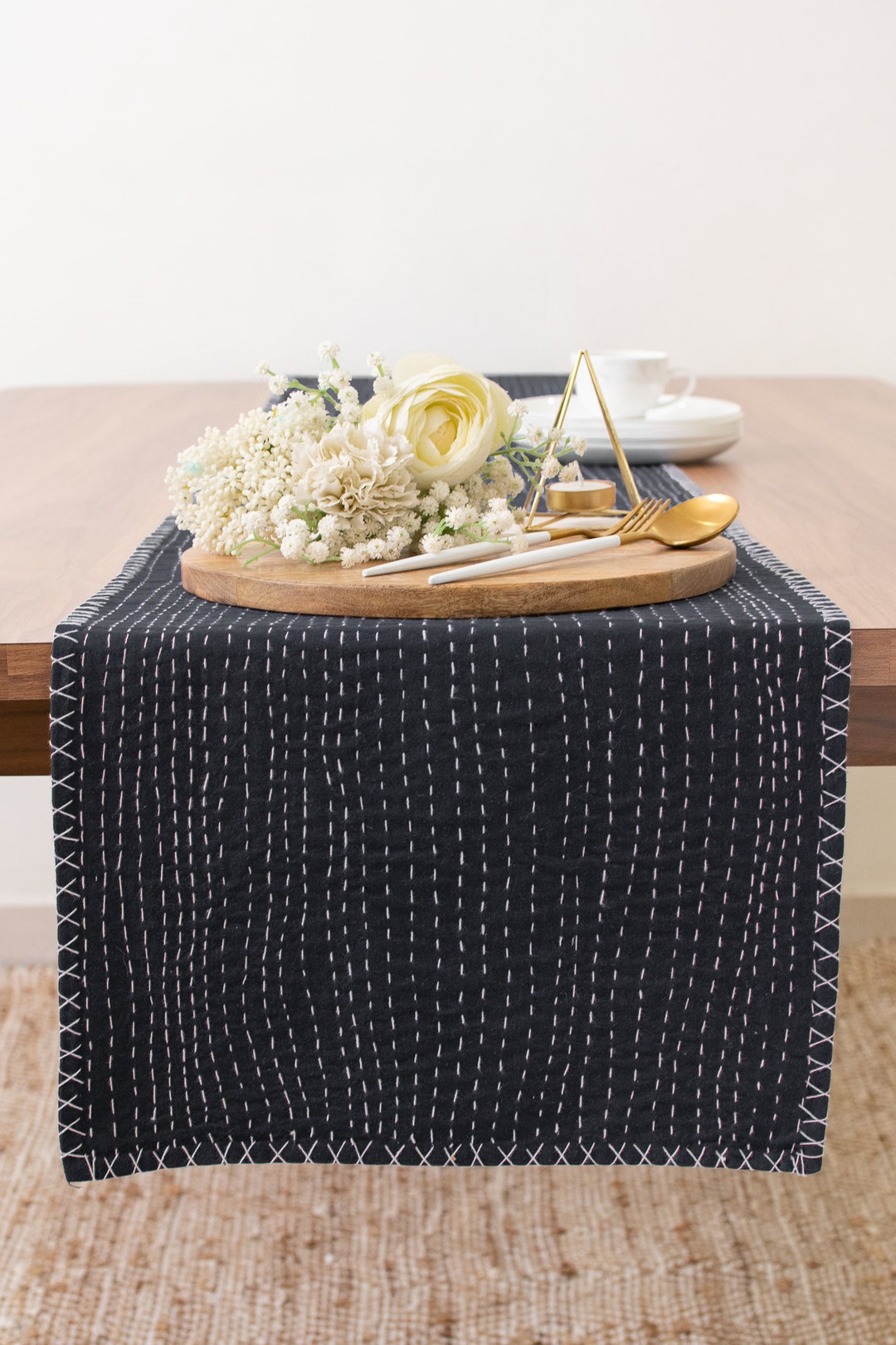 Black Pure Cotton Kitchen Table Runner With Kantha Pattern for ...
