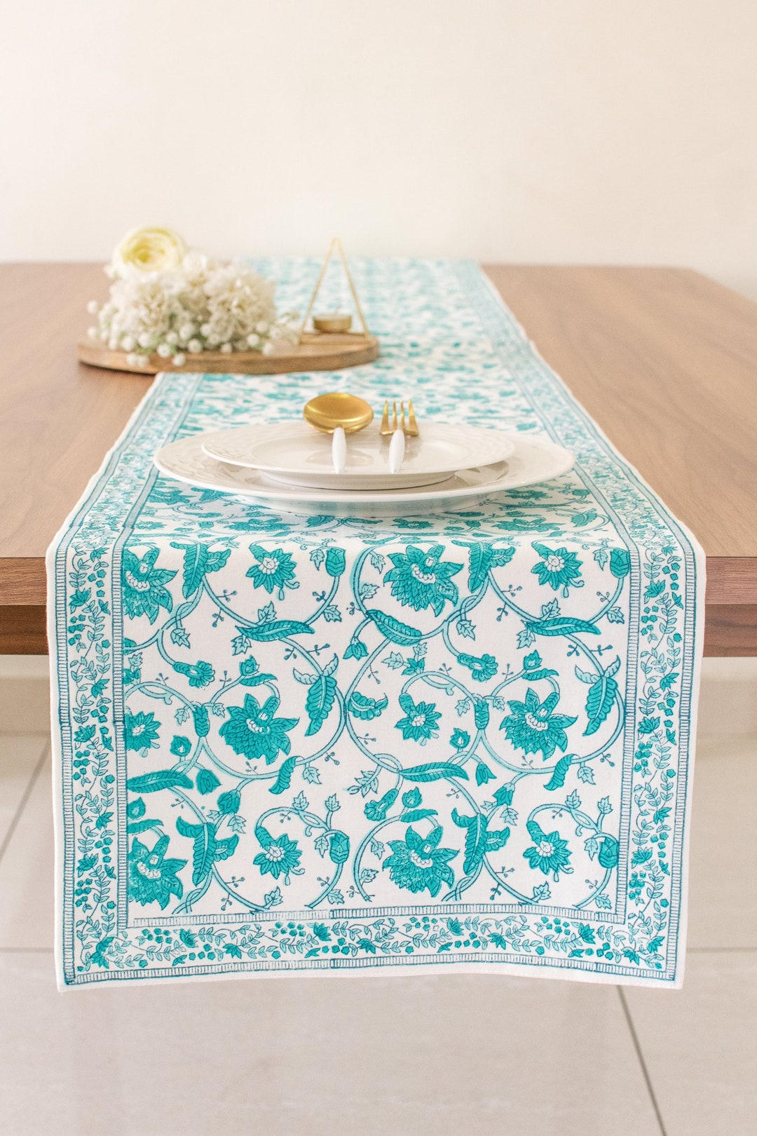 Teal Block Print Table Runner in Floral Pattern - Etsy