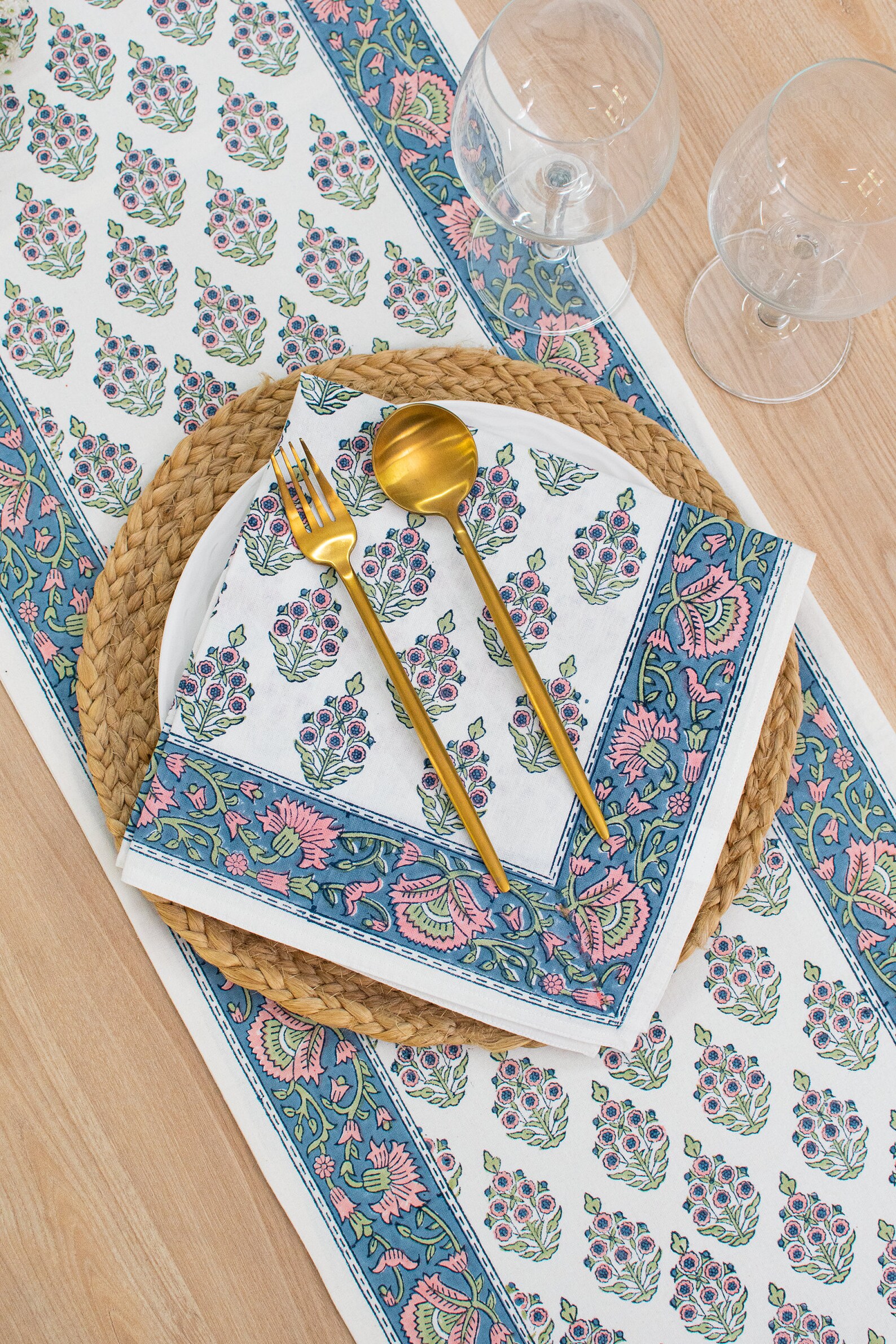 Blue Peach Floral Block Print Table Runner for Thanksgiving, Christmas ...