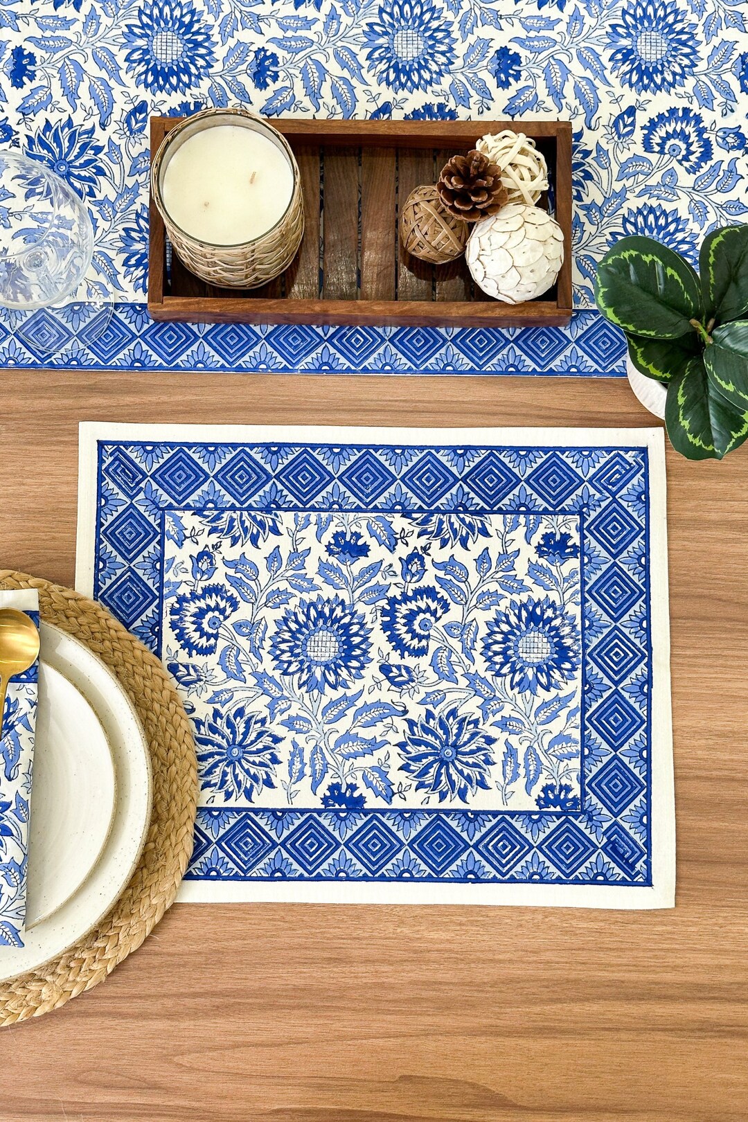 Blue Floral 100% Cotton Placemats for Dining Table Kitchen Wedding ...