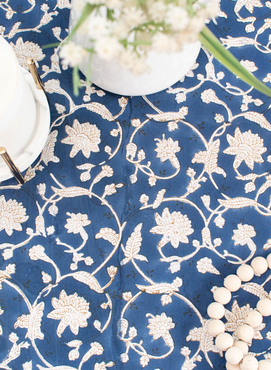 Midnight Blue Flower 100% Cotton Round Table Cloth for Dining Table ...
