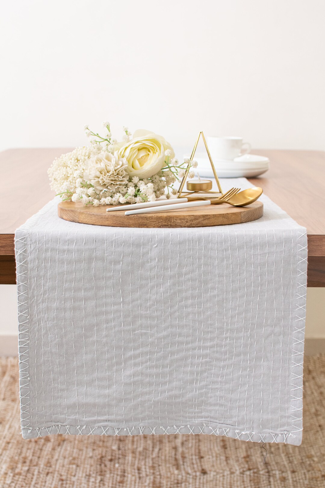 Light Grey Cotton Table Runner in Kantha Pattern for Thanksgiving, Home ...