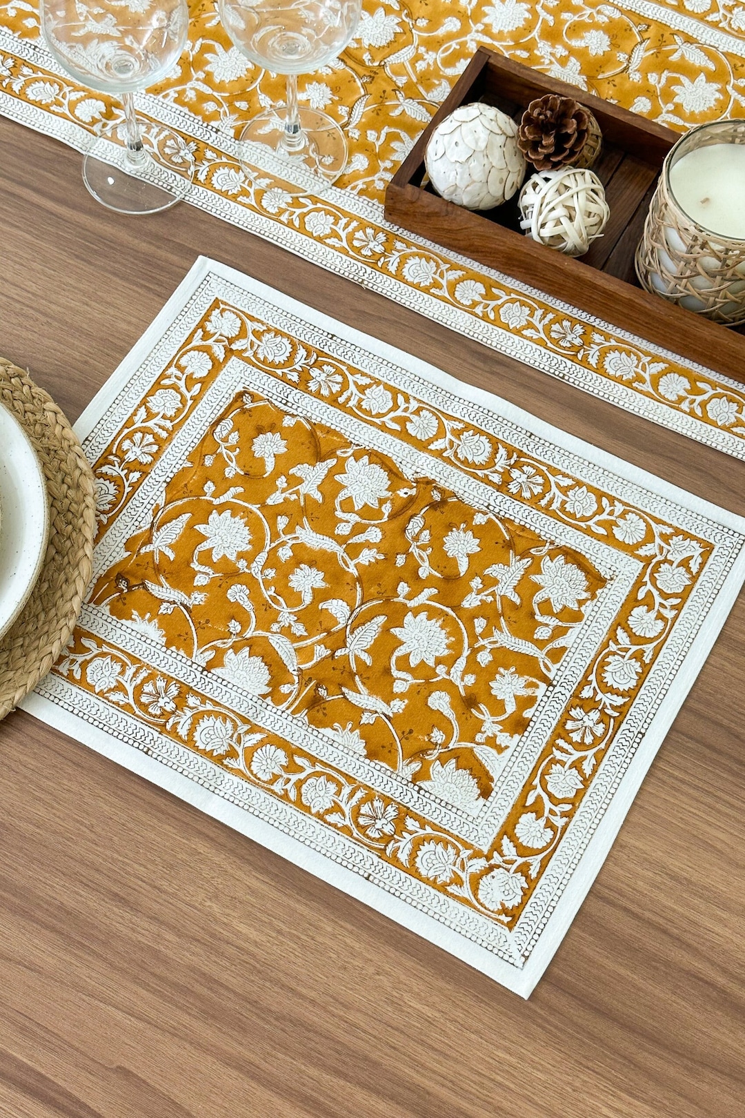 Mustard Floral 100% Cotton Placemats for Dining Table Kitchen Wedding ...