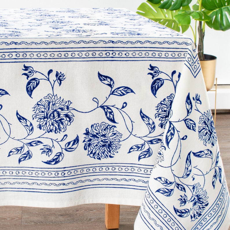 Blue White Table Cloth, 100% Cotton, Floral Hand Block Print for Home ...